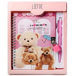 Libreta Diario Escolar Mediano Candado Y Pluma Estampado Osos | WAT-329